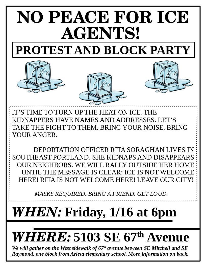 No Peace for ICE Agents! Protest and Block Party 1/16 – Rose City ...